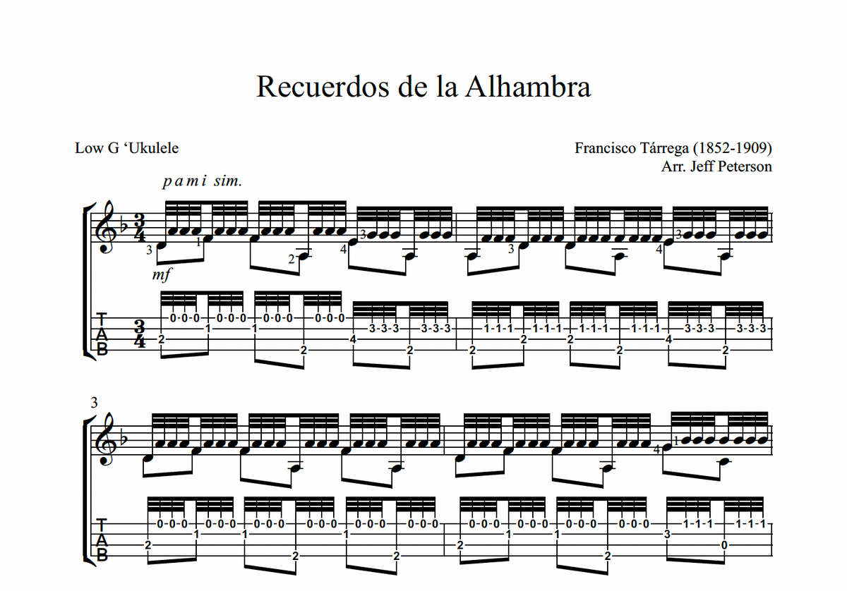 Recuerdos de la Alhambra by Francisco Tárrega for Low G Ukulele - PDF ...
