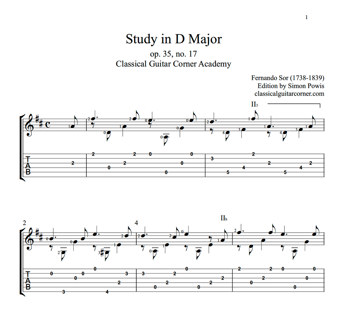 Study in D major Op.35 no.17 by Fernando Sor TAB – Classical Guitar ...